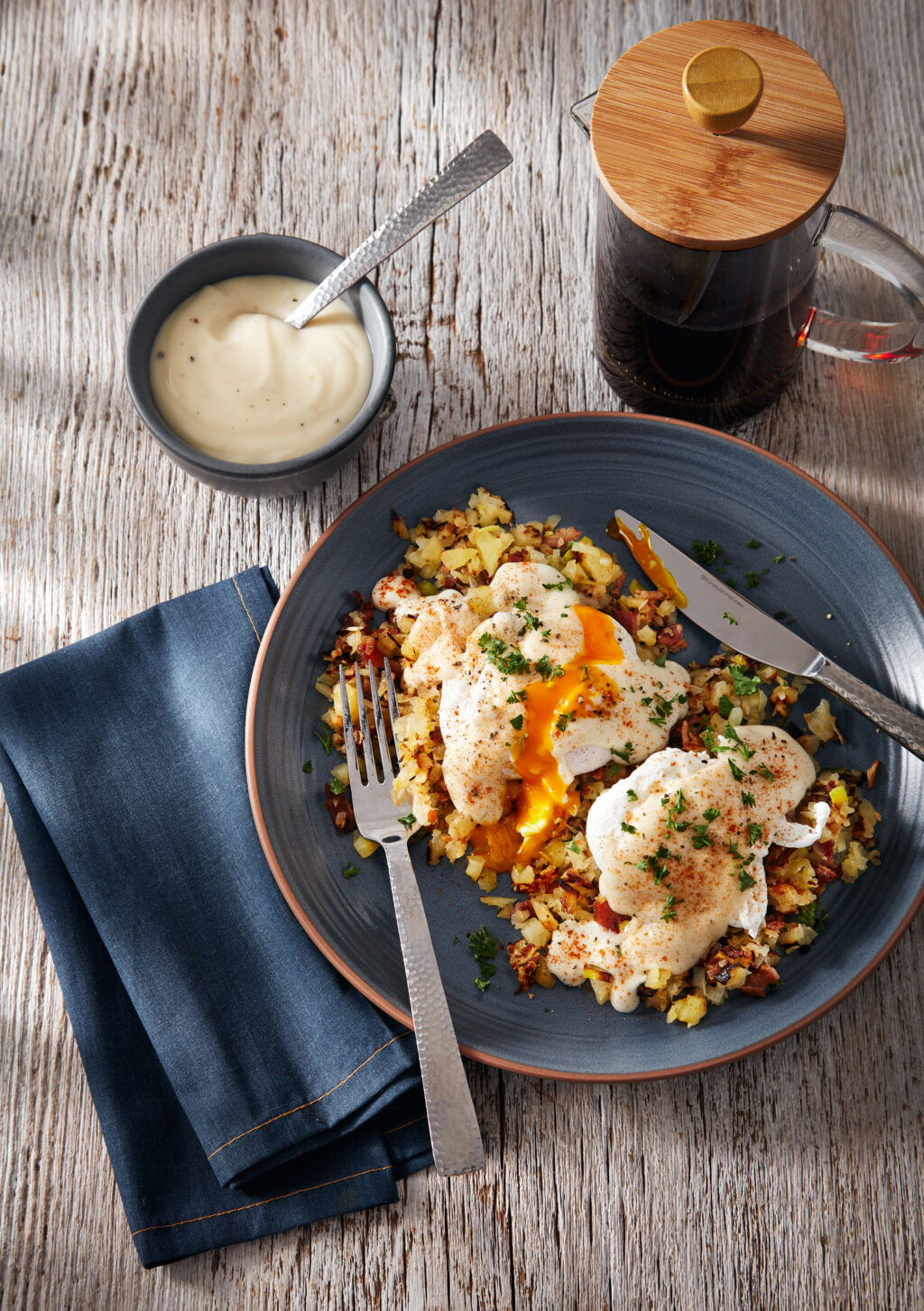 Cheesy Eggs Benny and Potato Bacon Hash - Get Cracking